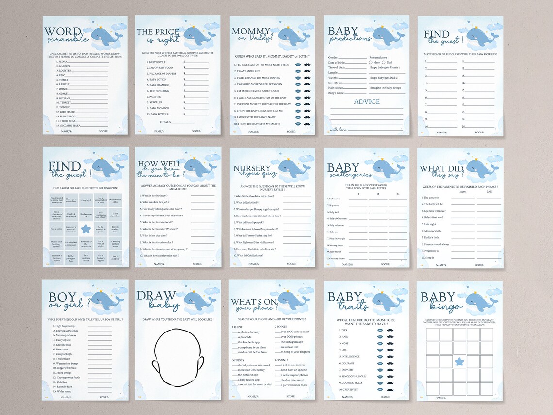 Whale Clouds Baby Shower Games Bundle, Whale Baby Shower Game Pack ...