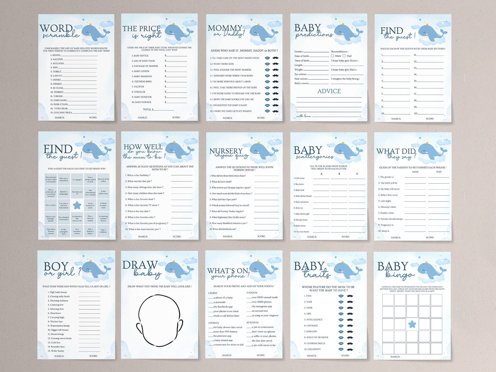 Whale Clouds Baby Shower Games Bundle, Whale Baby Shower Game Pack ...