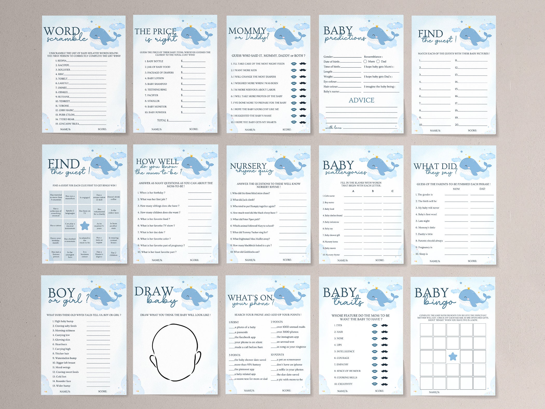 Whale Clouds Baby Shower Games Bundle, Whale Baby Shower Game Pack ...