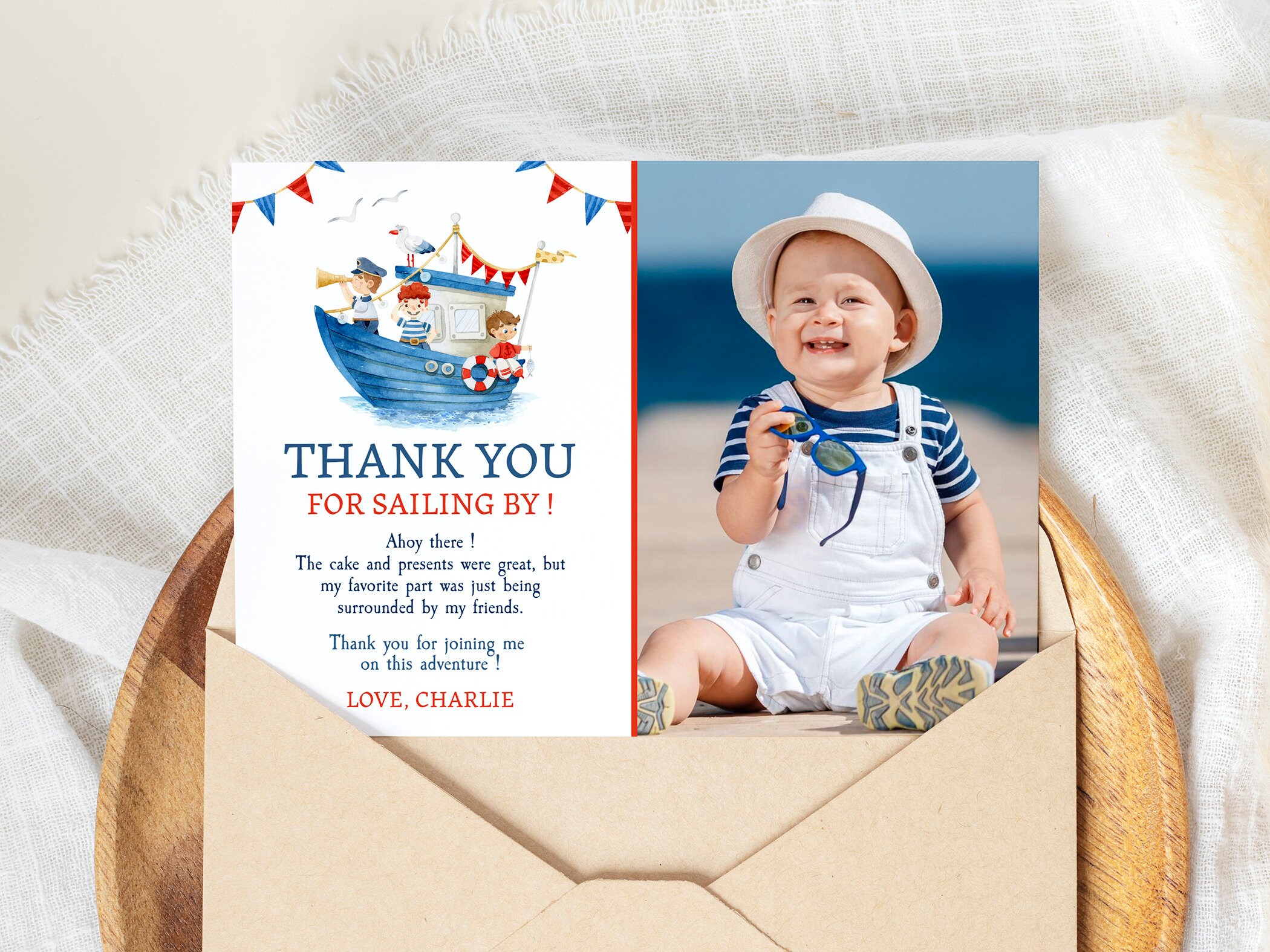Nautical Birthday Thank You Card Editable, Sailor Boy Thank You Photo ...