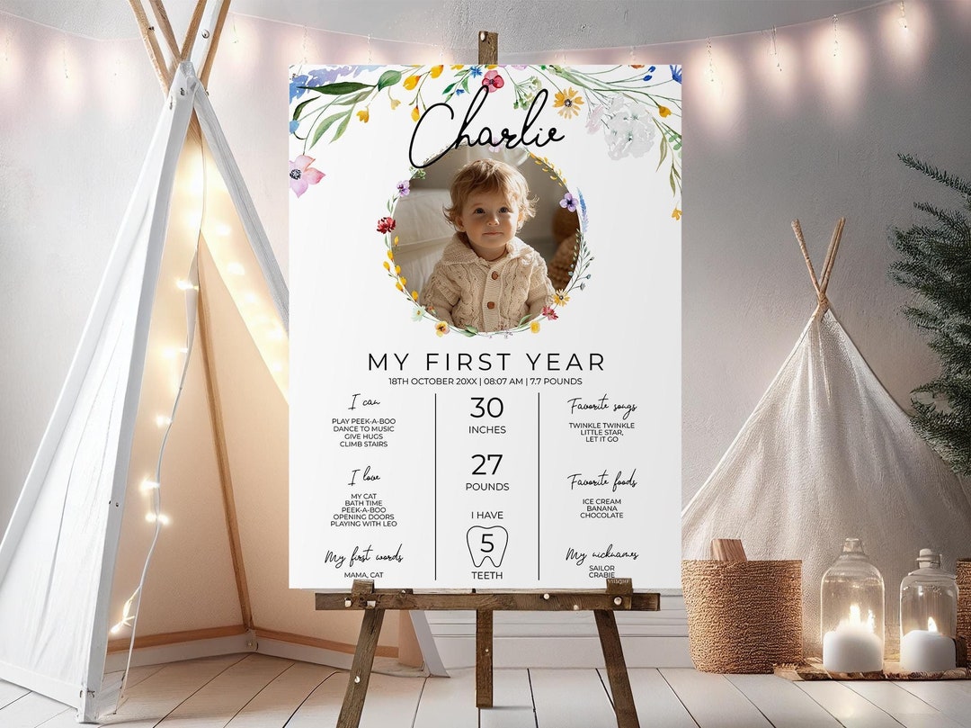 Floral First Birthday Milestones Sign, Wildflowers My First Year ...