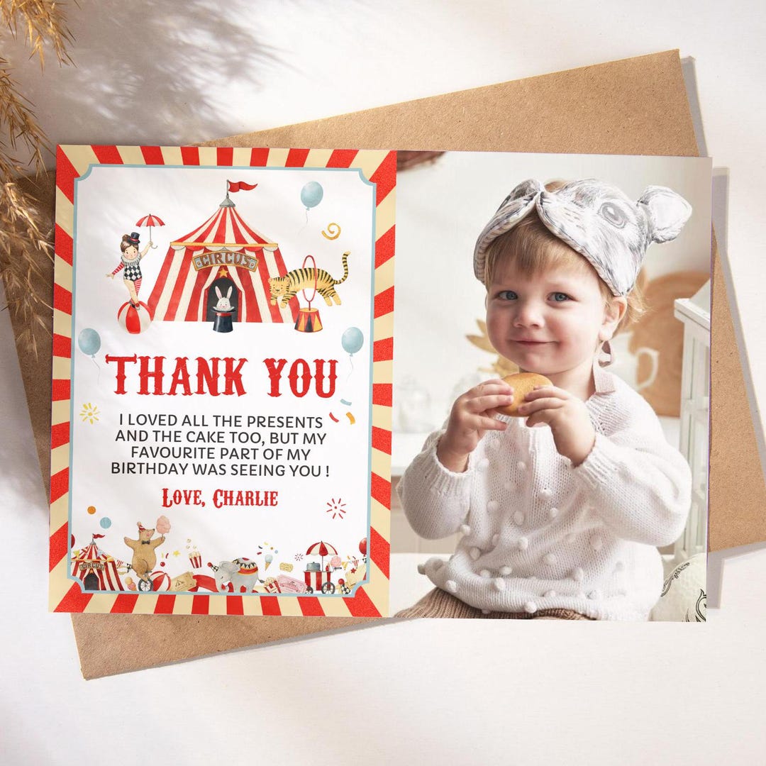 Carnival Birthday Thank You Card Editable, Circus Thank You Photo Template, Carnival 1st ...