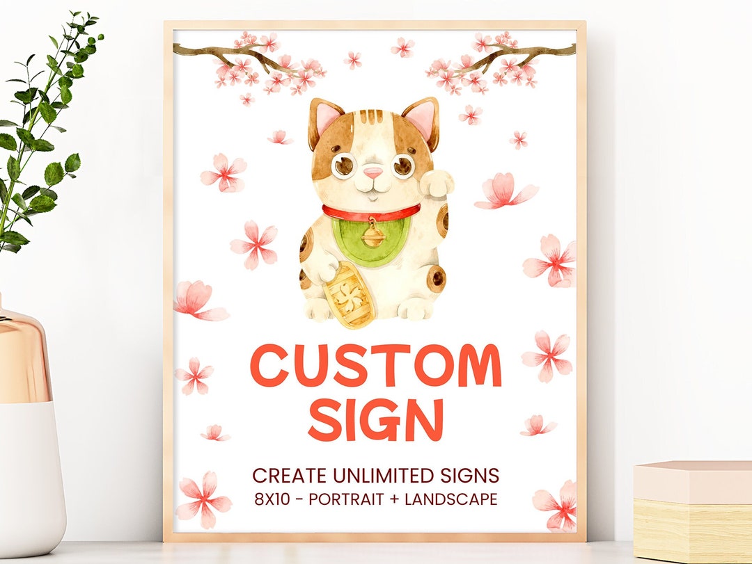 Editable Japanese Lucky Cat Custom Sign, Cherry Blossom Sign, Printable ...