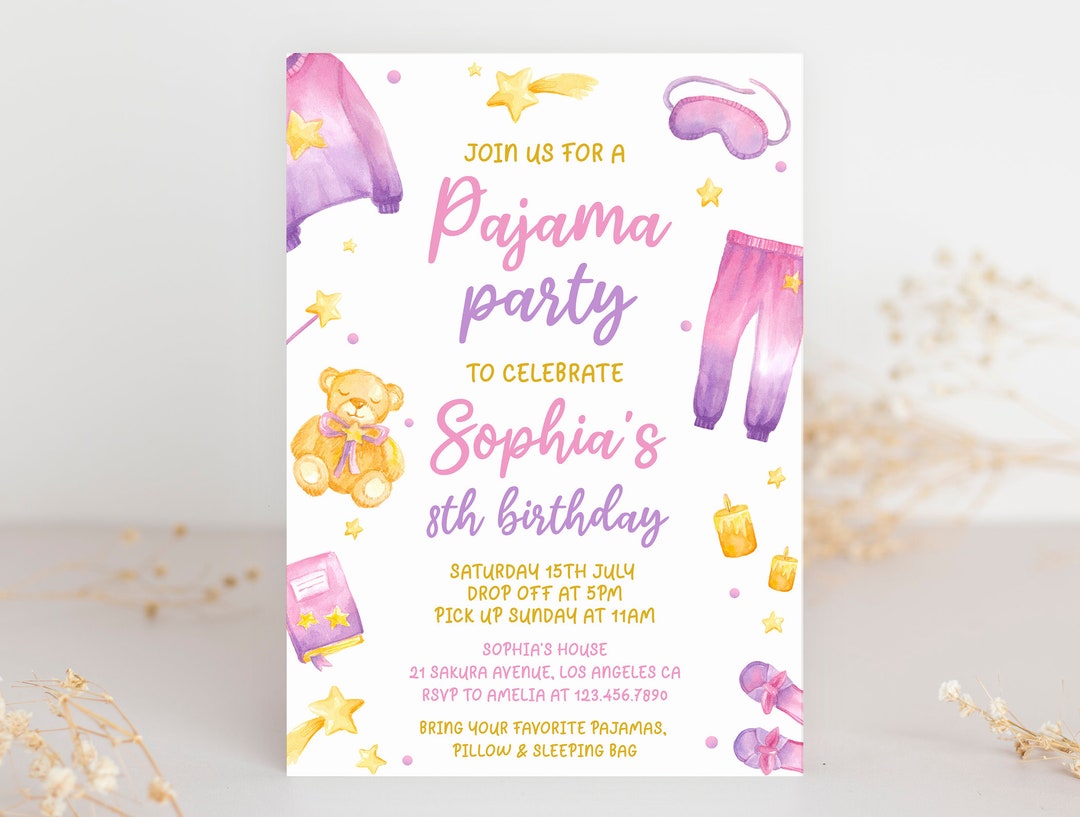Pajama Party Birthday Invitation Editable Sleepover Template Movie