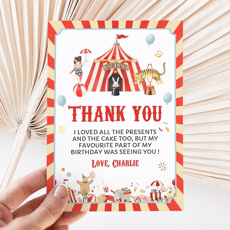 Carnival Birthday Thank You Card Editable, Circus Thank You Note Template, Carnival Birthday ...