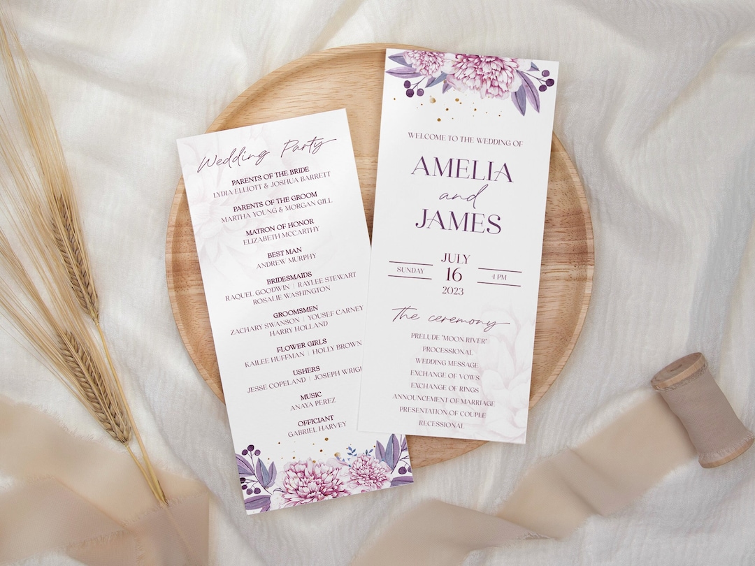 Lavender Wedding Program Template, Purple Pink Flowers, Printable Wedding Ceremony Program ...