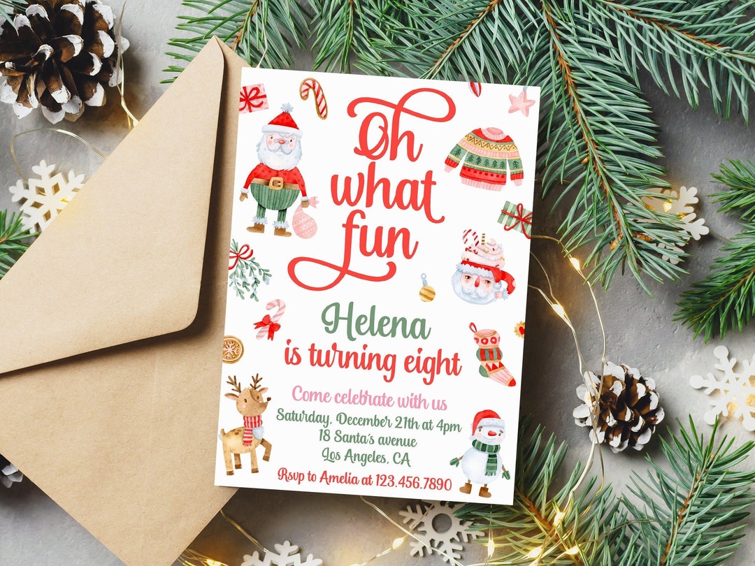 Christmas Birthday Party Invitation Editable, Oh What Fun, Pastel ...