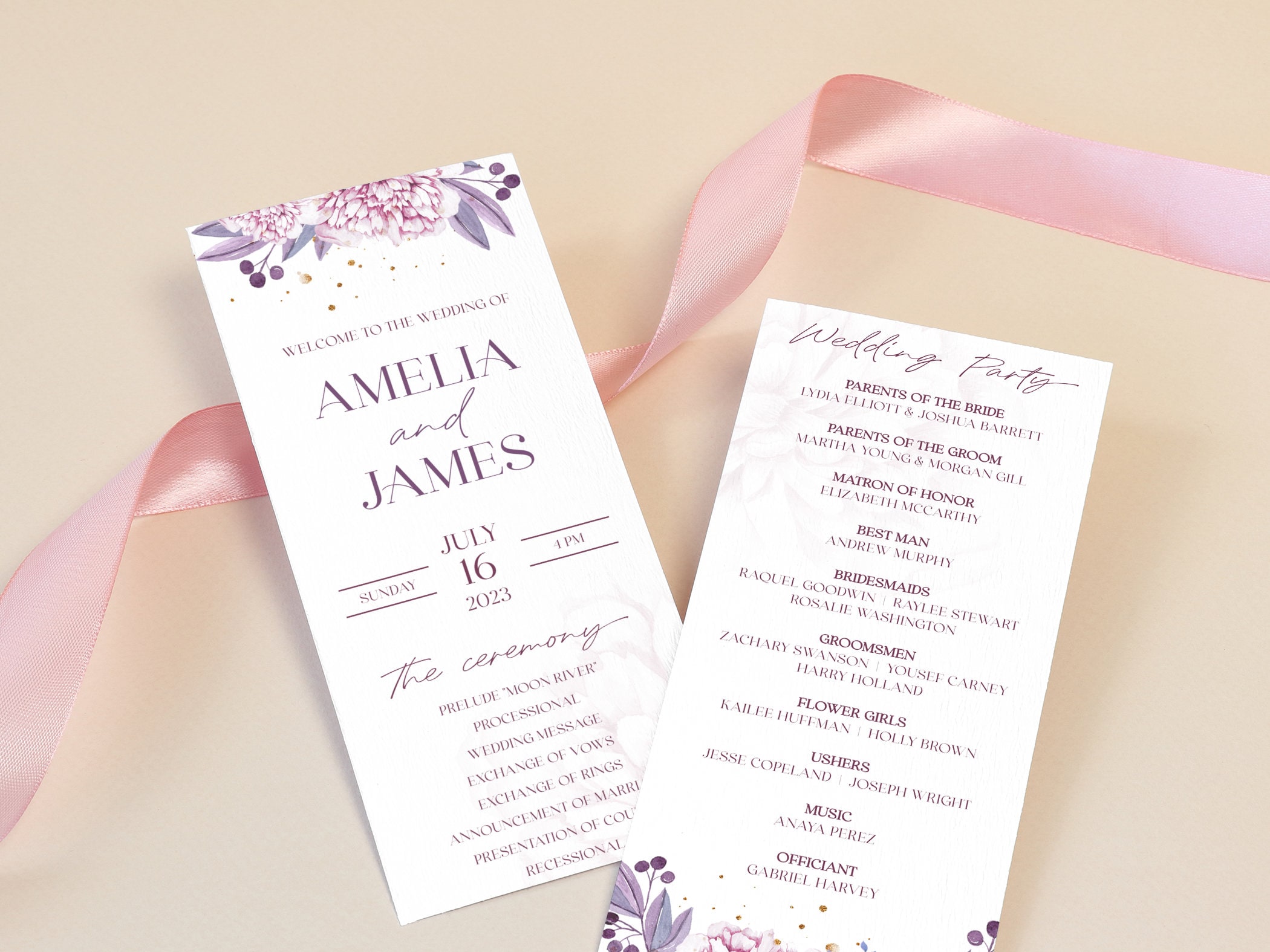 Lavender Wedding Program Template, Purple Pink Flowers, Printable ...