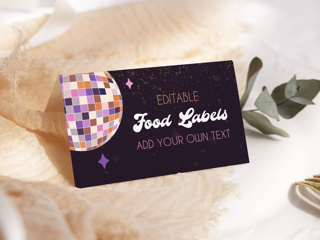 Disco Balls Food Labels Template, Retro Dinner, Disco Party Name Card ...