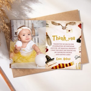 Editable Wizard Birthday Photo Thank You Card Template, Printable First ...