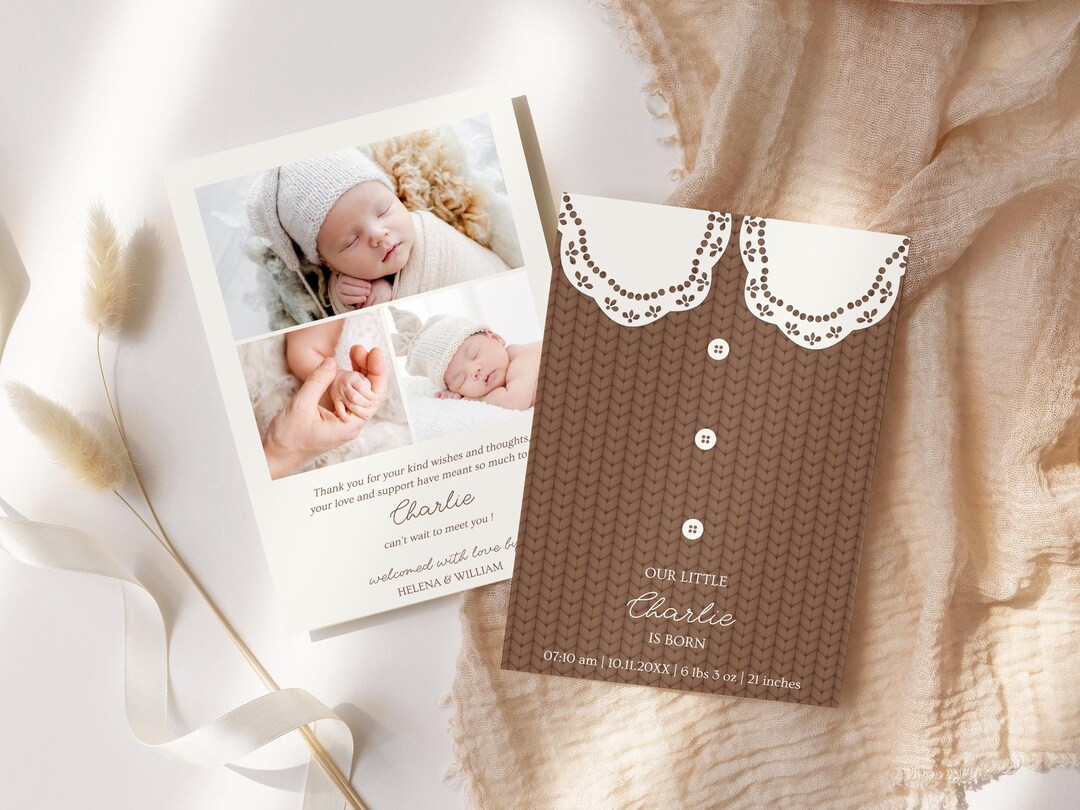 Editable Baby Birth Announcement With Photos, Neutral Knitted Outfit ...