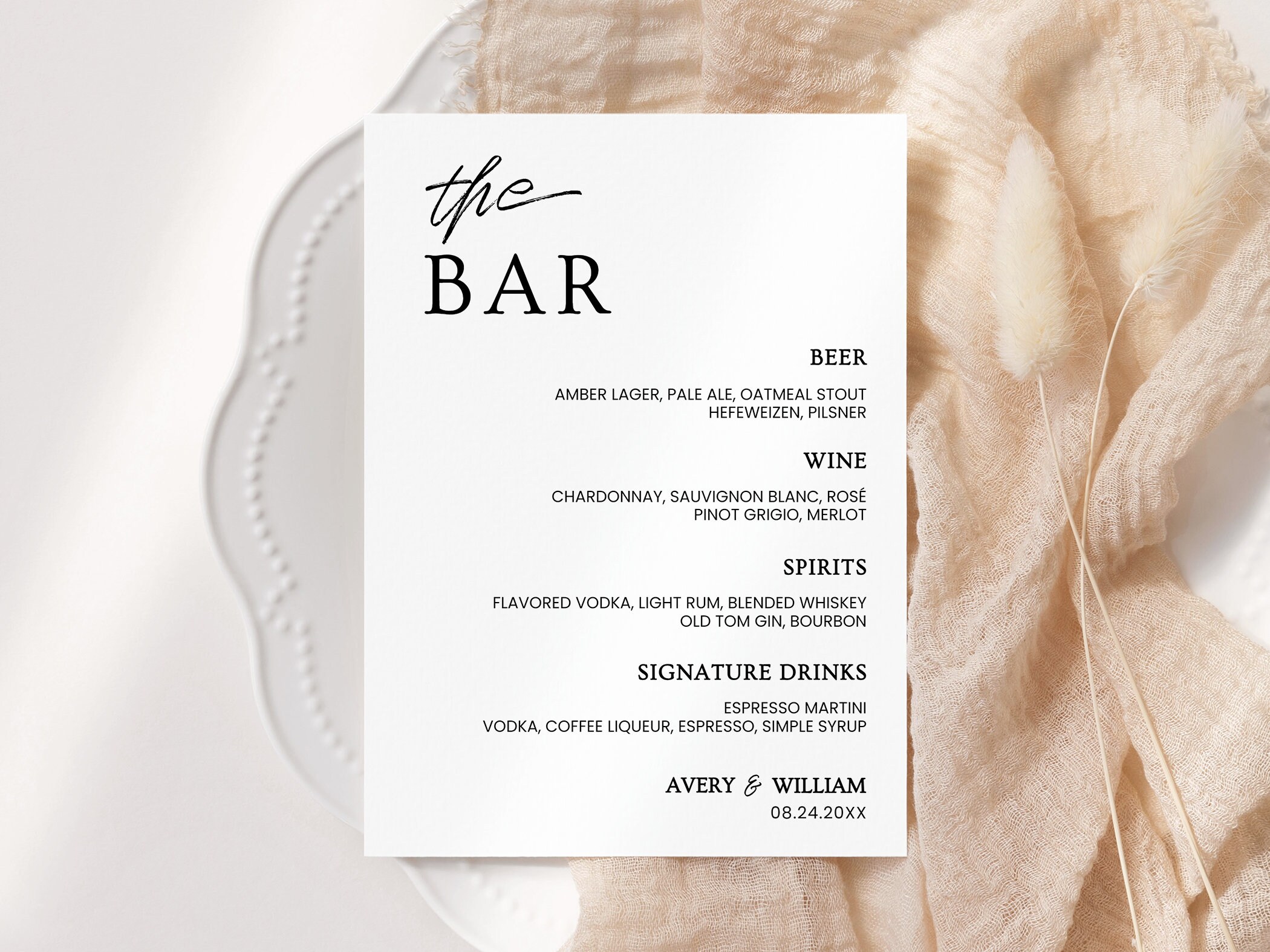 Minimalist Wedding Bar Menu Template, Modern Minimalist Wedding Bar ...