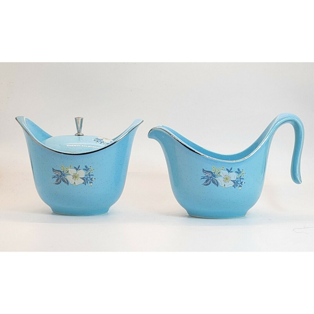 Vintage MCM Sugar & Creamer Set Lt. Blue Speckles Floral Silver Rim ...