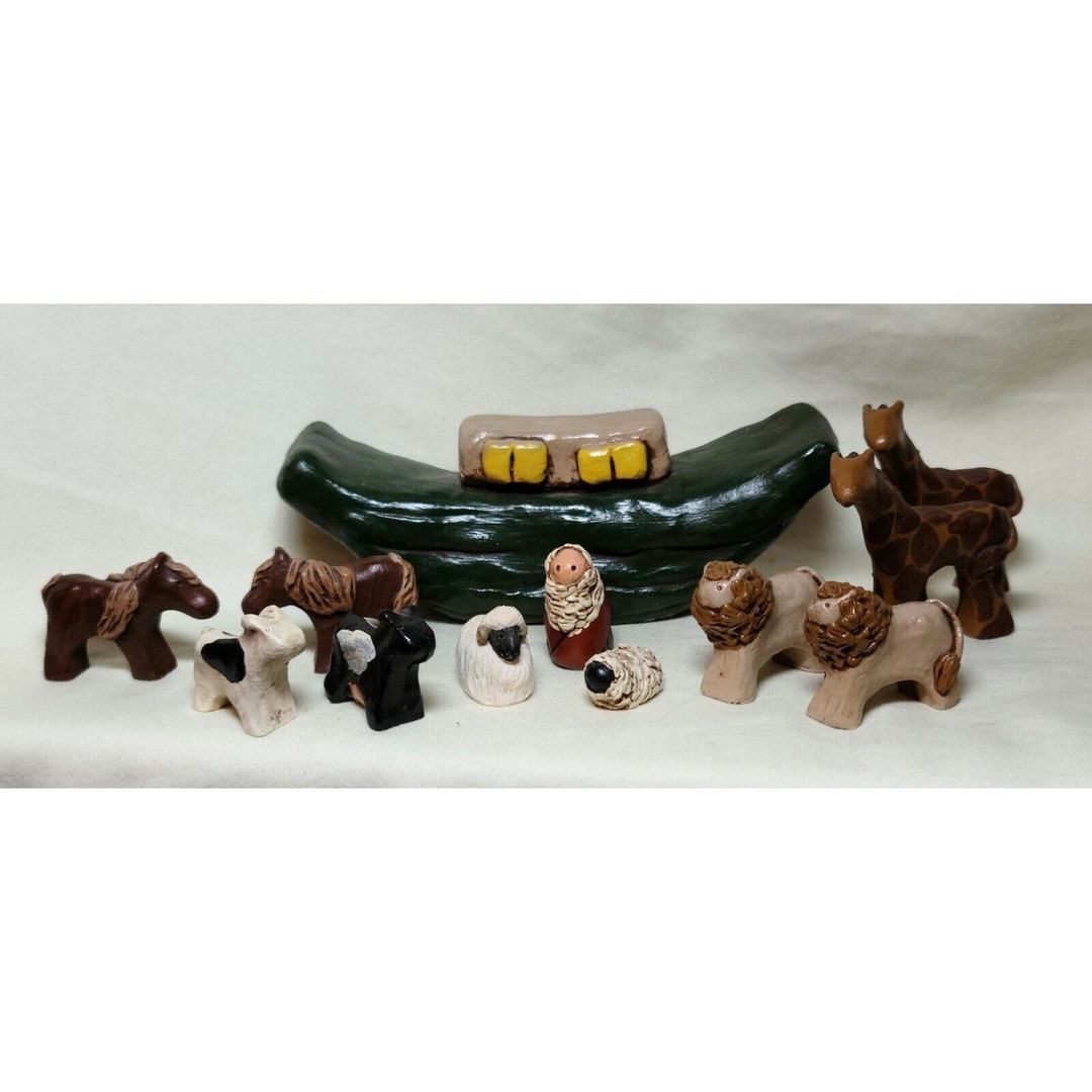 Vintage Handcrafted Clay Noah's Ark Lot of 12 Figurines Signed on ...
