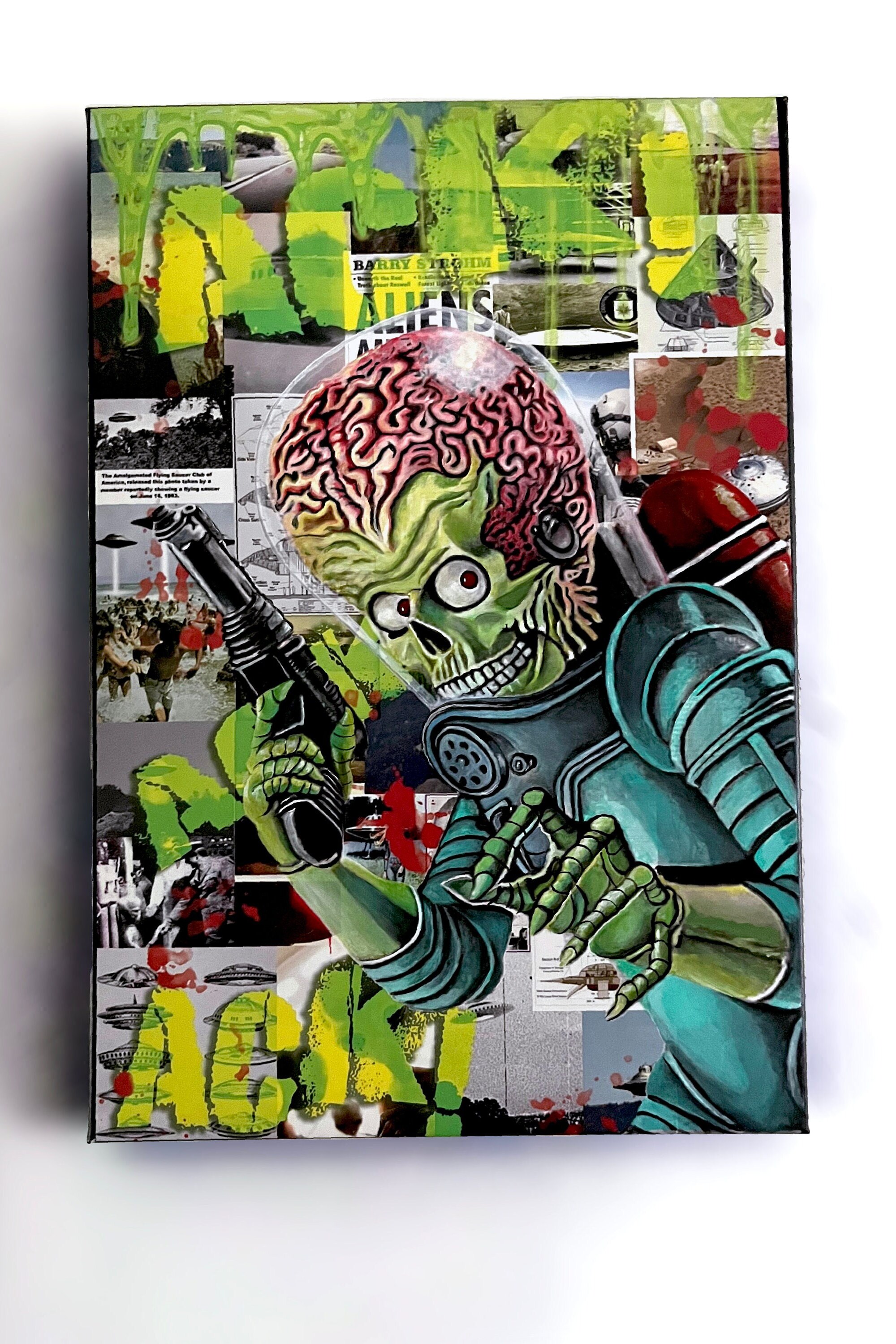 Mars Attacks, Ack Ack Ack OOAK Digital Mixed Media on Canvas, Acrylic Fan Art Painting, UFO ...