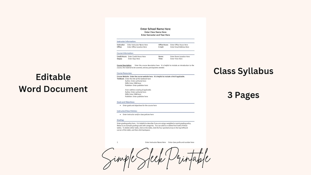 Class Syllabus Template - Editable Microsoft Word Document - Etsy