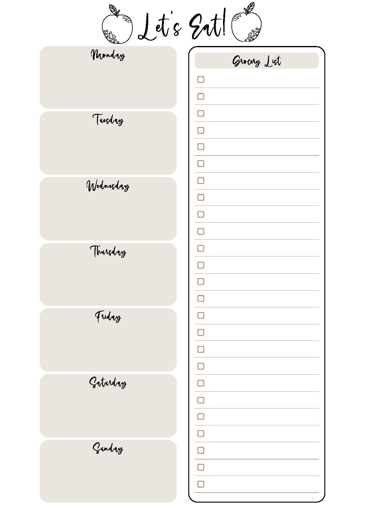 Let's Eat Weekly Meal Planner With Grocery List - Digital - Printable ...