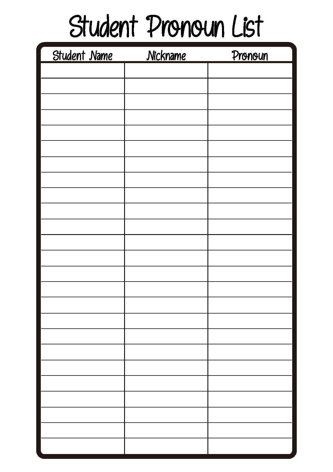 Student Pronoun Class Attendance List - Digital Download - Printable ...