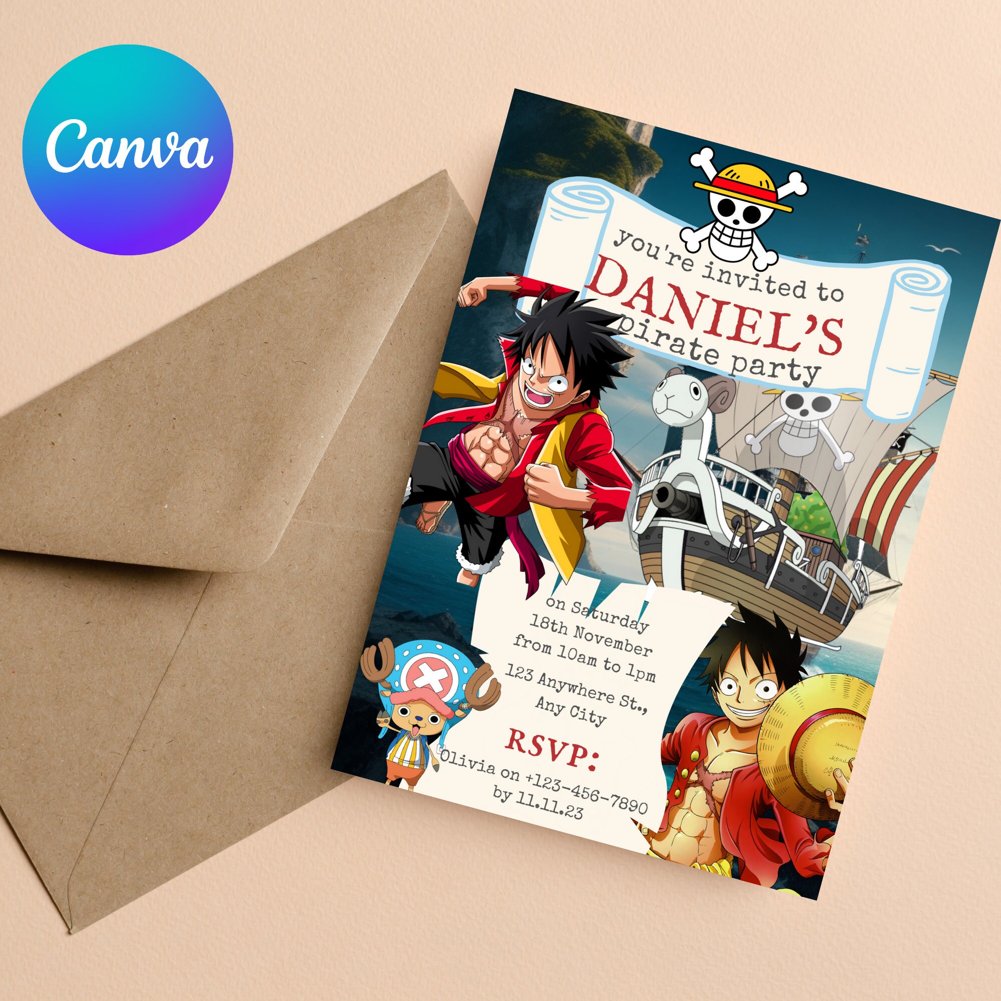 Editable Birthday Invitation Luffy One Piece Anime - Etsy Australia