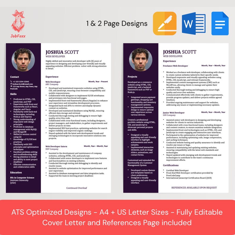 Web Developer Resume Template | ATS Friendly Tech CV (word, Pages, Docs ...