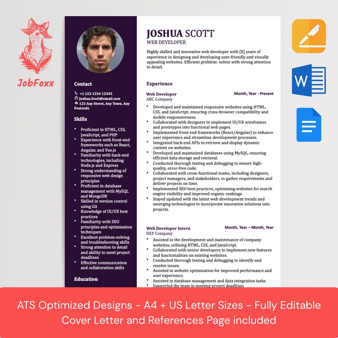 Web Developer Resume Template | ATS Friendly Tech CV (word, Pages, Docs ...