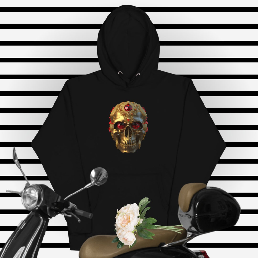 Full Frontal Ruby Gold Skull With Skeleton Hand on Back of Hoodie - Etsy