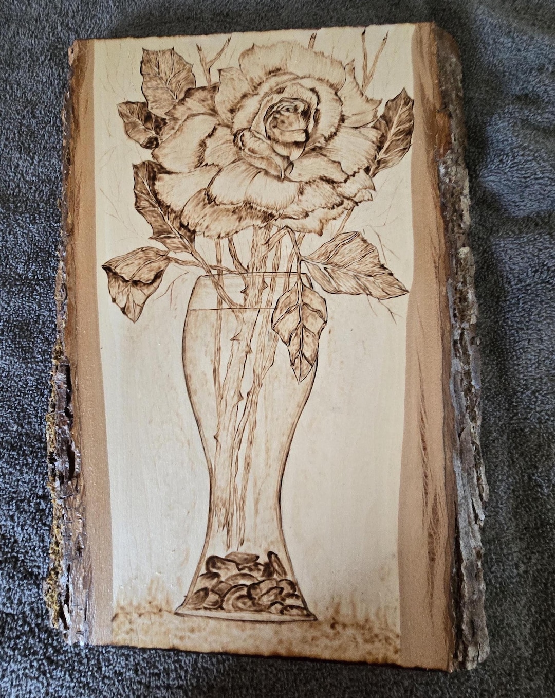 Rose in Vase - Free Hand Woodburning - Etsy