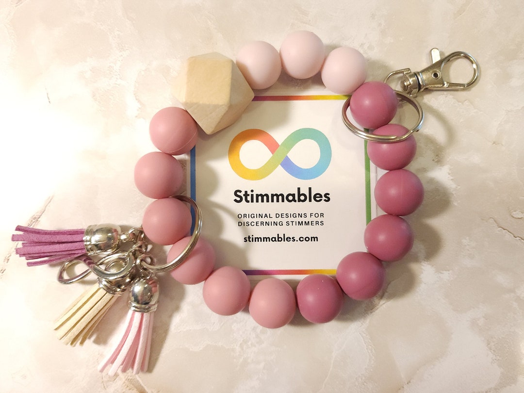 Stretch Sensory Wristlet Pink Silicone Beaded Keychain Bracelet Autism ...