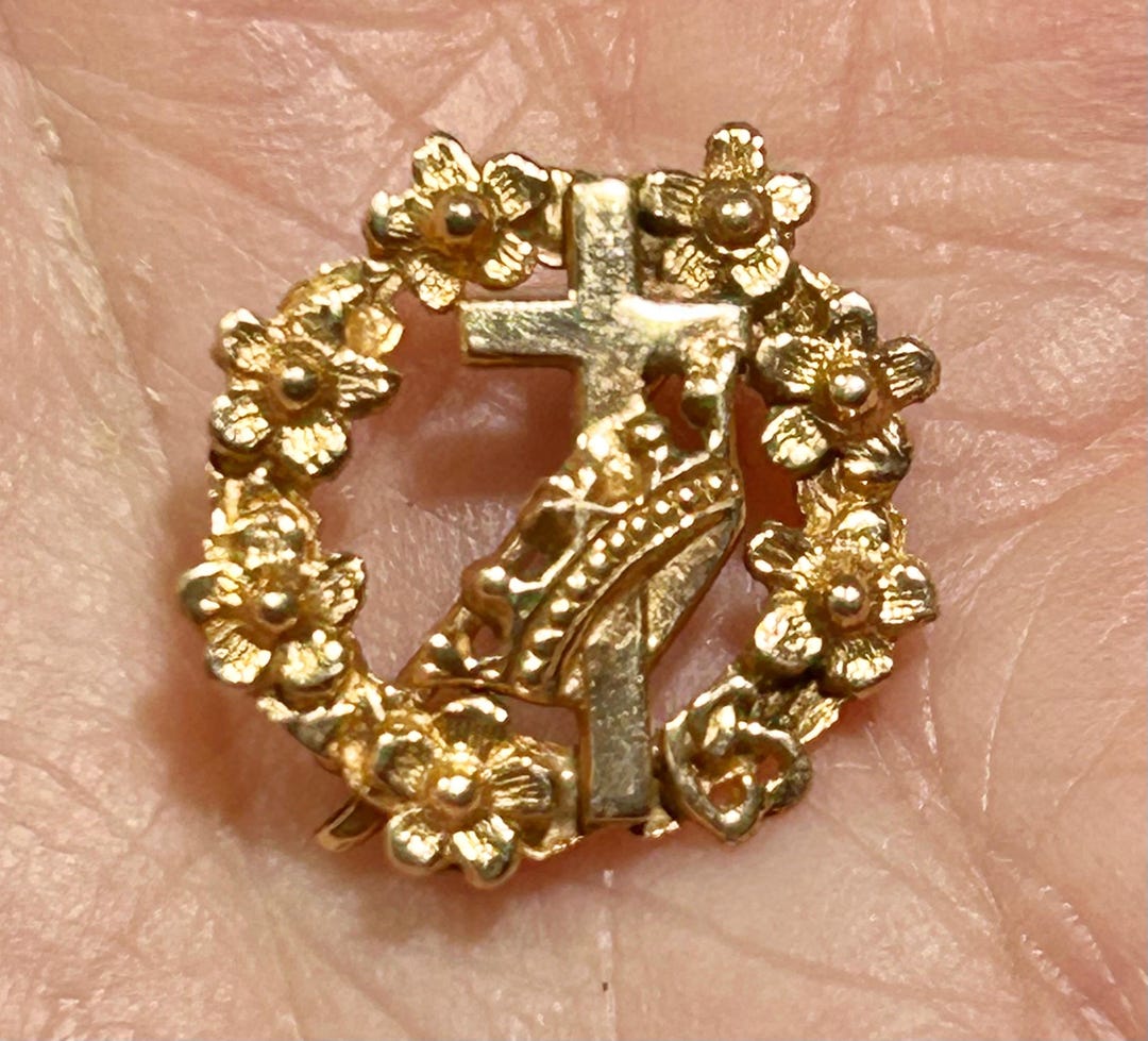 14K Rose Gold Christian Cross and Crown Pin Lapel Pin With Flowers 2 ...