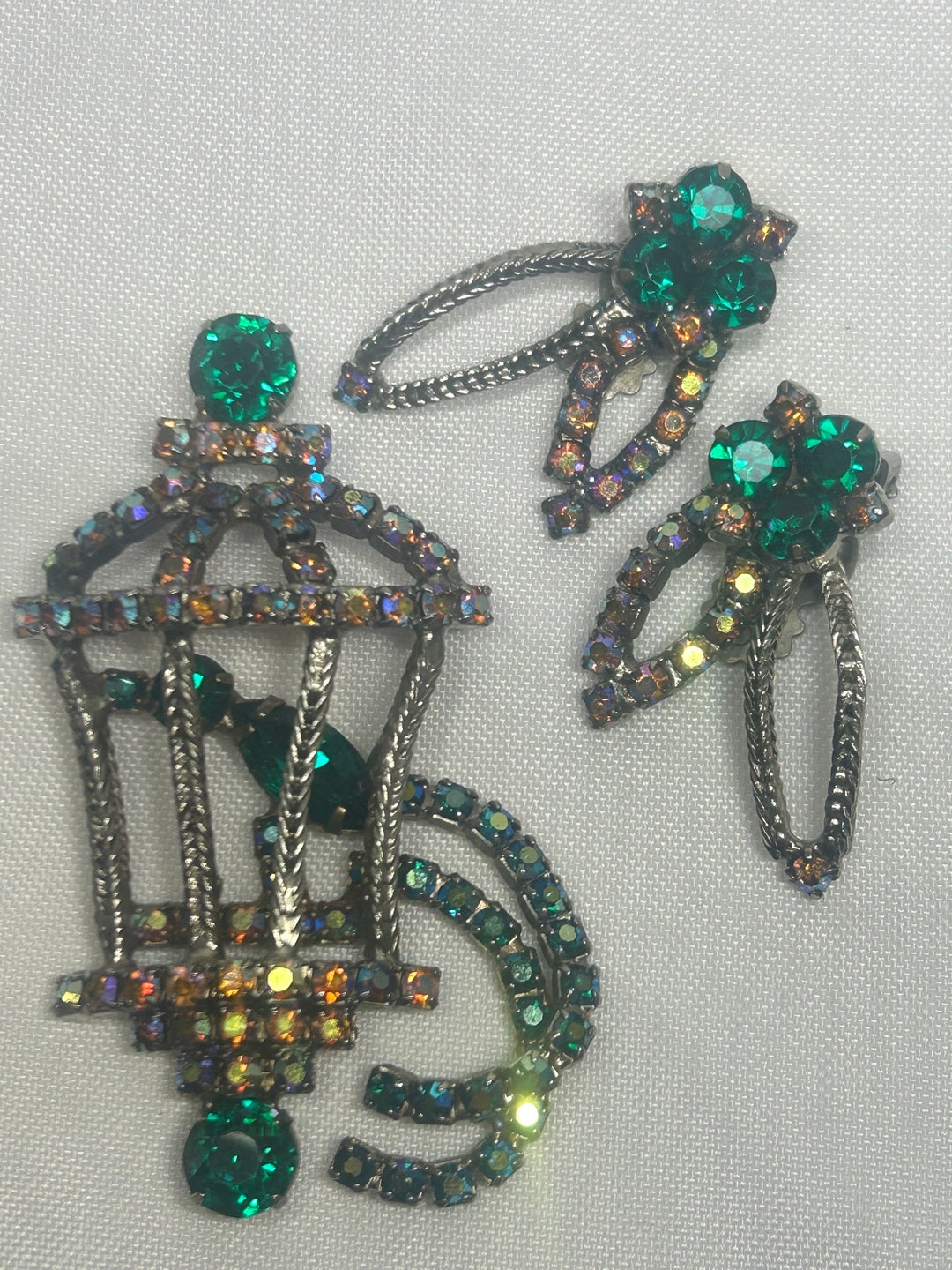 Vintage AB Rhinestone Bird in Cage Brooch With Clip on Earrings ...