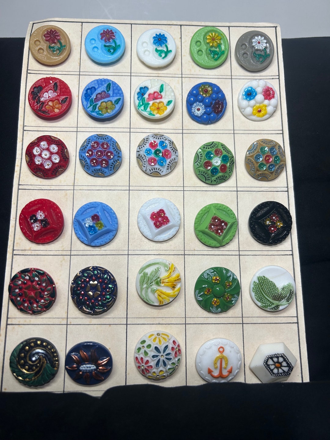 Vintage Original Czech Glass Sampler Button Card With 30 Buttons ...