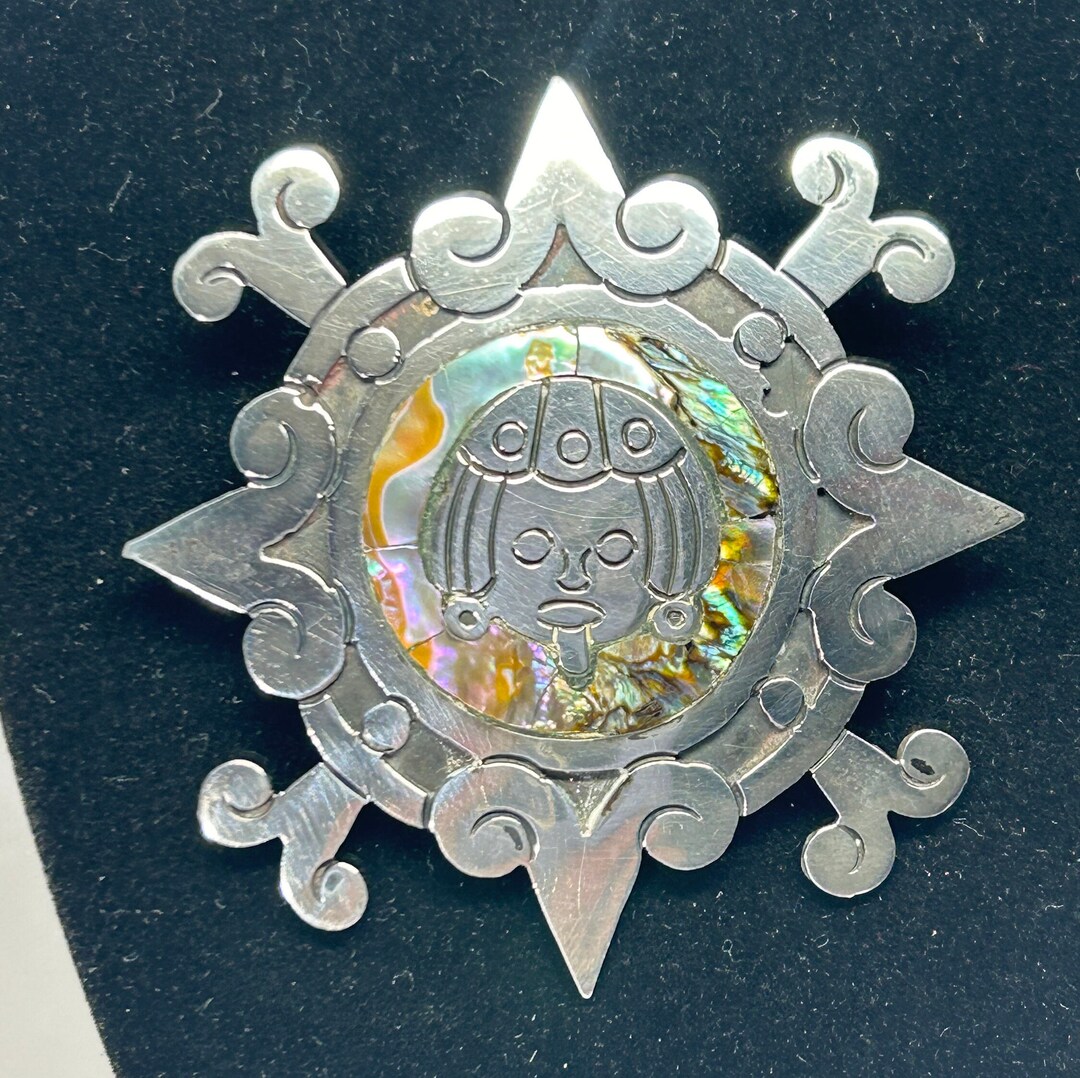 Taxco Sterling Silver Signed Abalone Mayan/aztec Sun God Brooch/pendant ...
