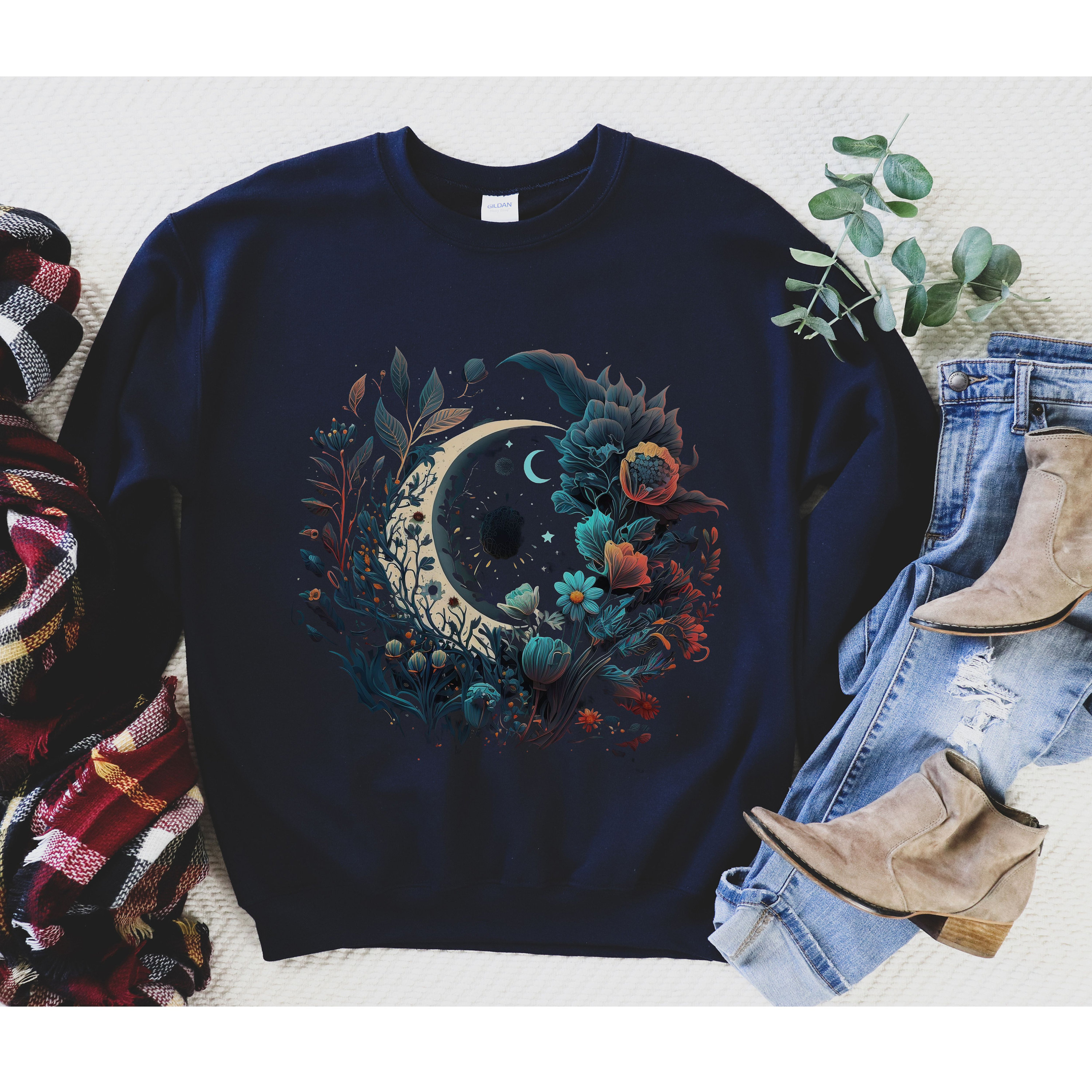 Celestial Moon With Flowers Sweat Shirt, Boho Celestial Shirt, Gift for ...