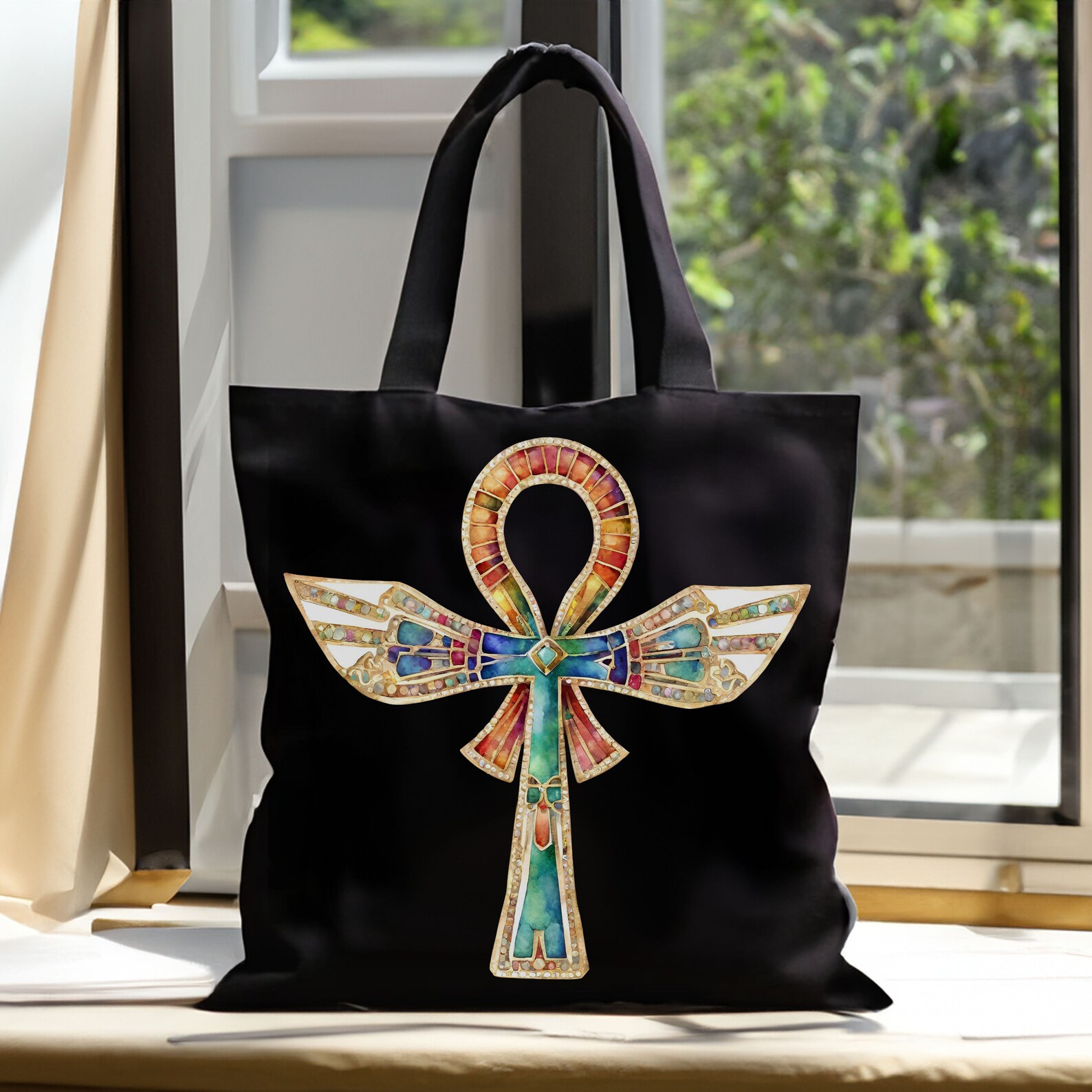 Celestial Beaded Ankh Canvas Tote Bag, Egyptian Ankh Tote Bag, Healing ...