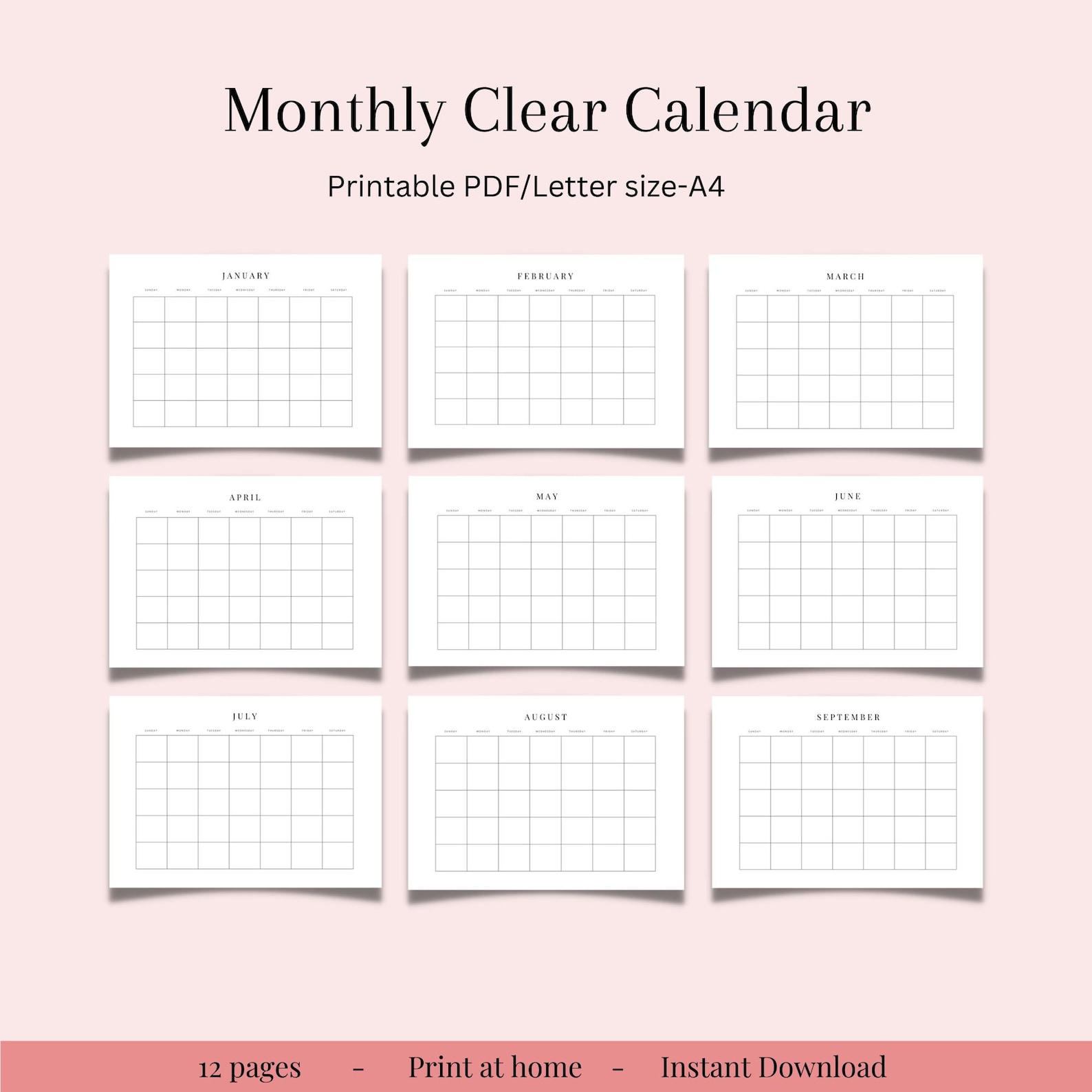 Calendrier mensuel vierge, calendrier simple, calendrier paysage ...