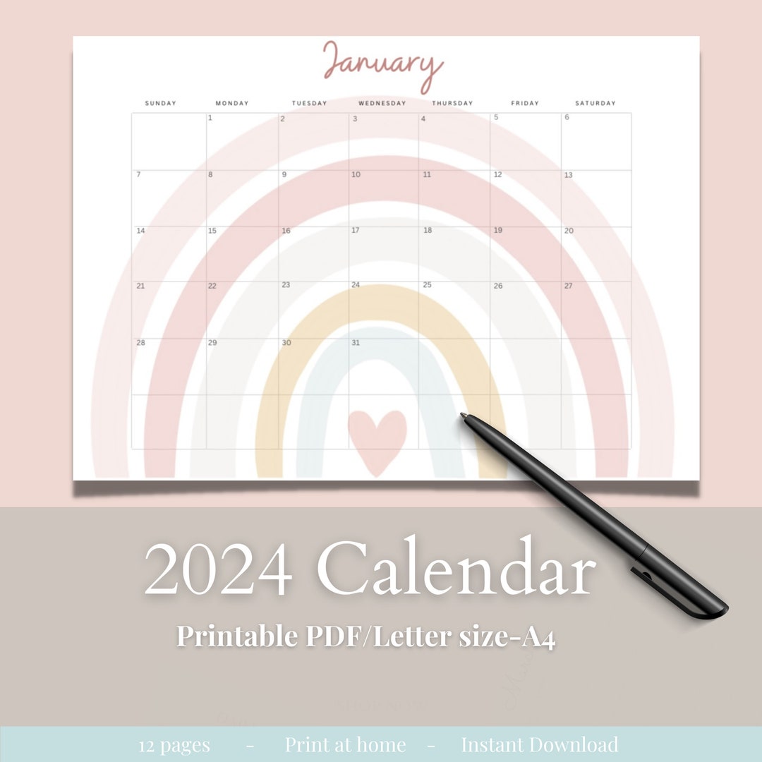 Rainbow Calendar, 2024 Calendar , Printable Calendar, A4 Calendar, US ...