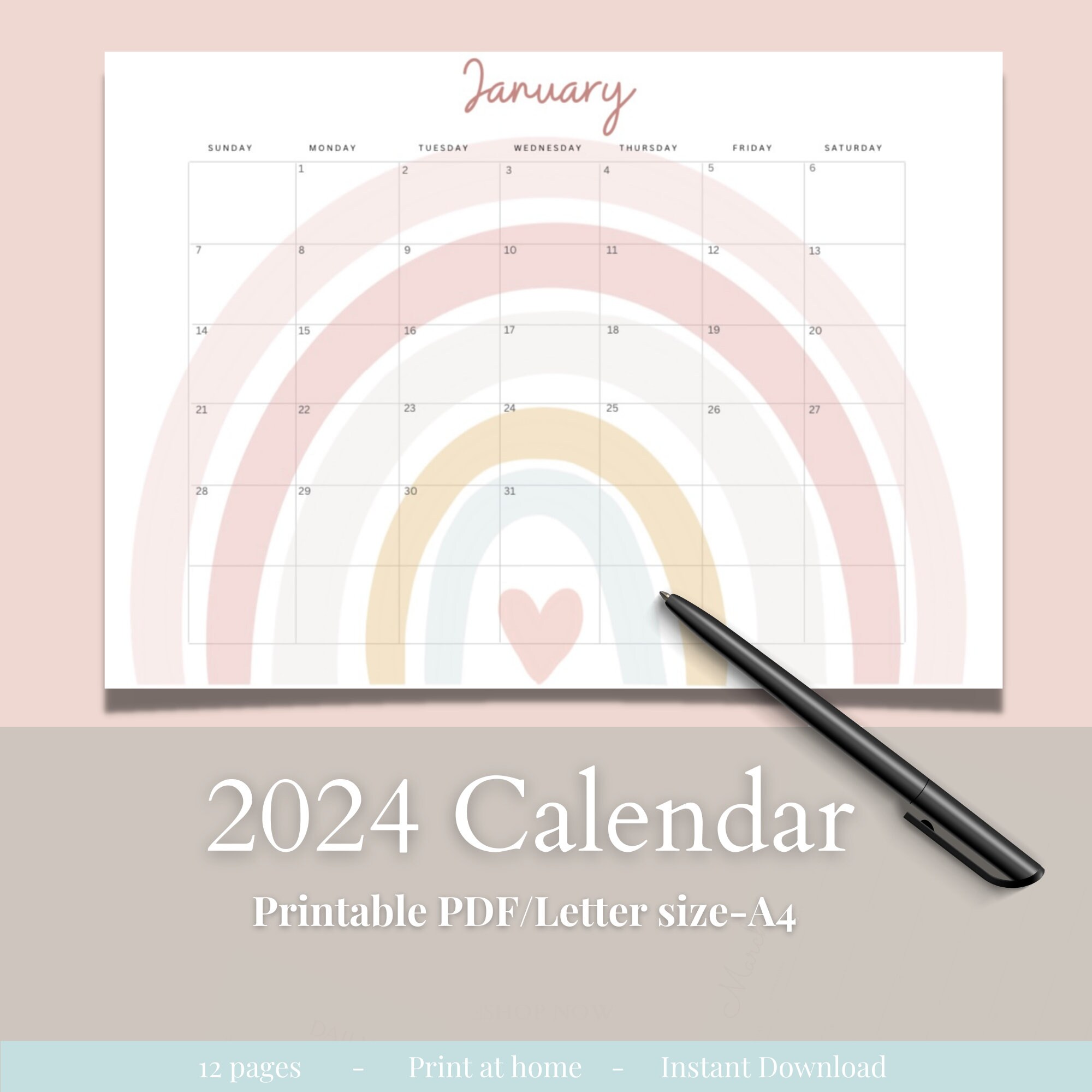 Rainbow Calendar, 2024 Calendar , Printable Calendar, A4 Calendar, US ...