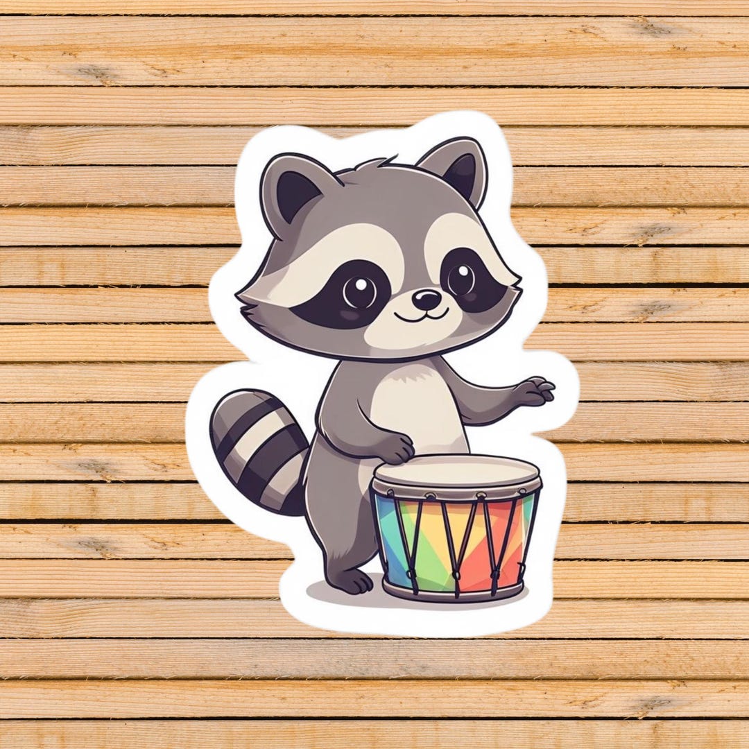 Raccoon Playing Drum Vinyl Sticker | 3" Waterproof | Cute Animal Music ...