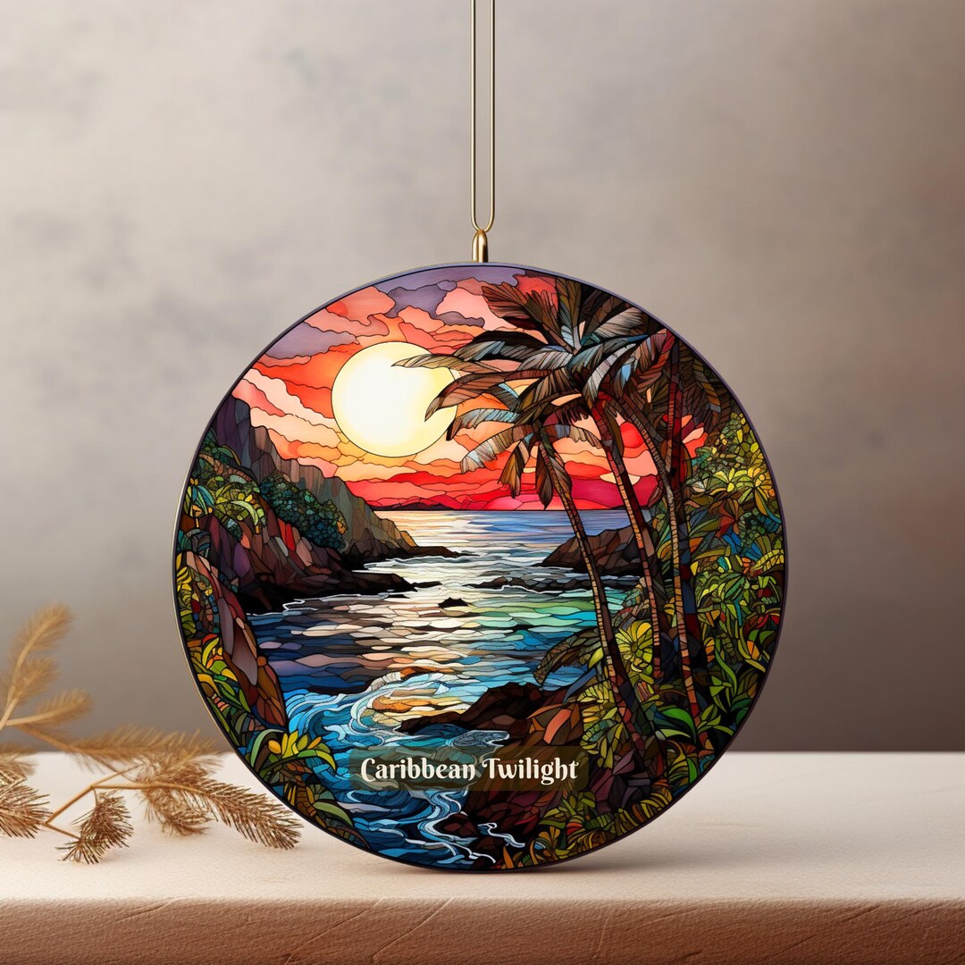 Caribbean Twilight Stained Glass Inspired Art Ornament,tropical Island ...