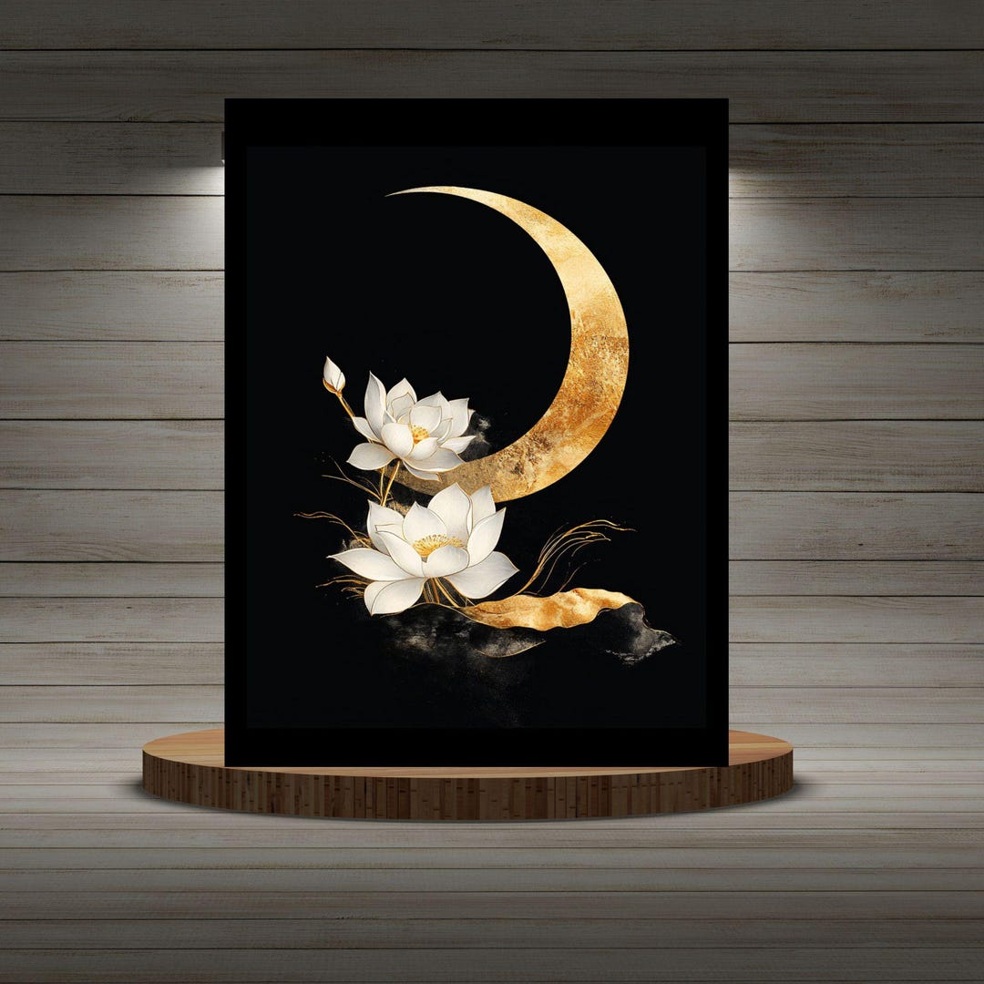 Gold Crescent Moon & Lotus Ceramic Tile: Zen Home Decor - Etsy