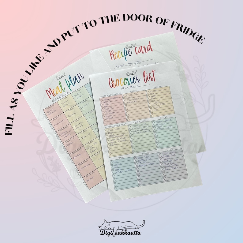 Printable Meal Planner With Grocery List and Recipe Card | Two Colors ...