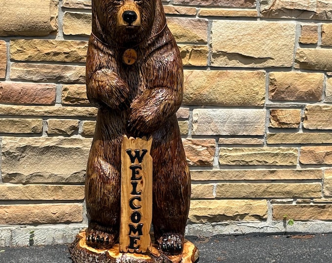 Chainsaw Carved Standing Bear Holding a Friction Fit Removable Welcome ...