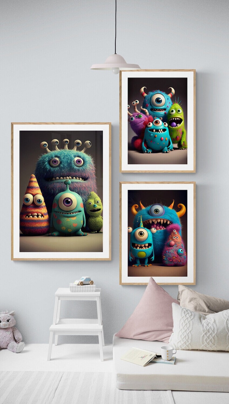 CUTE MONSTERS - Set of 3 Cute Pixar Monsters Art Print Poster Wall ...