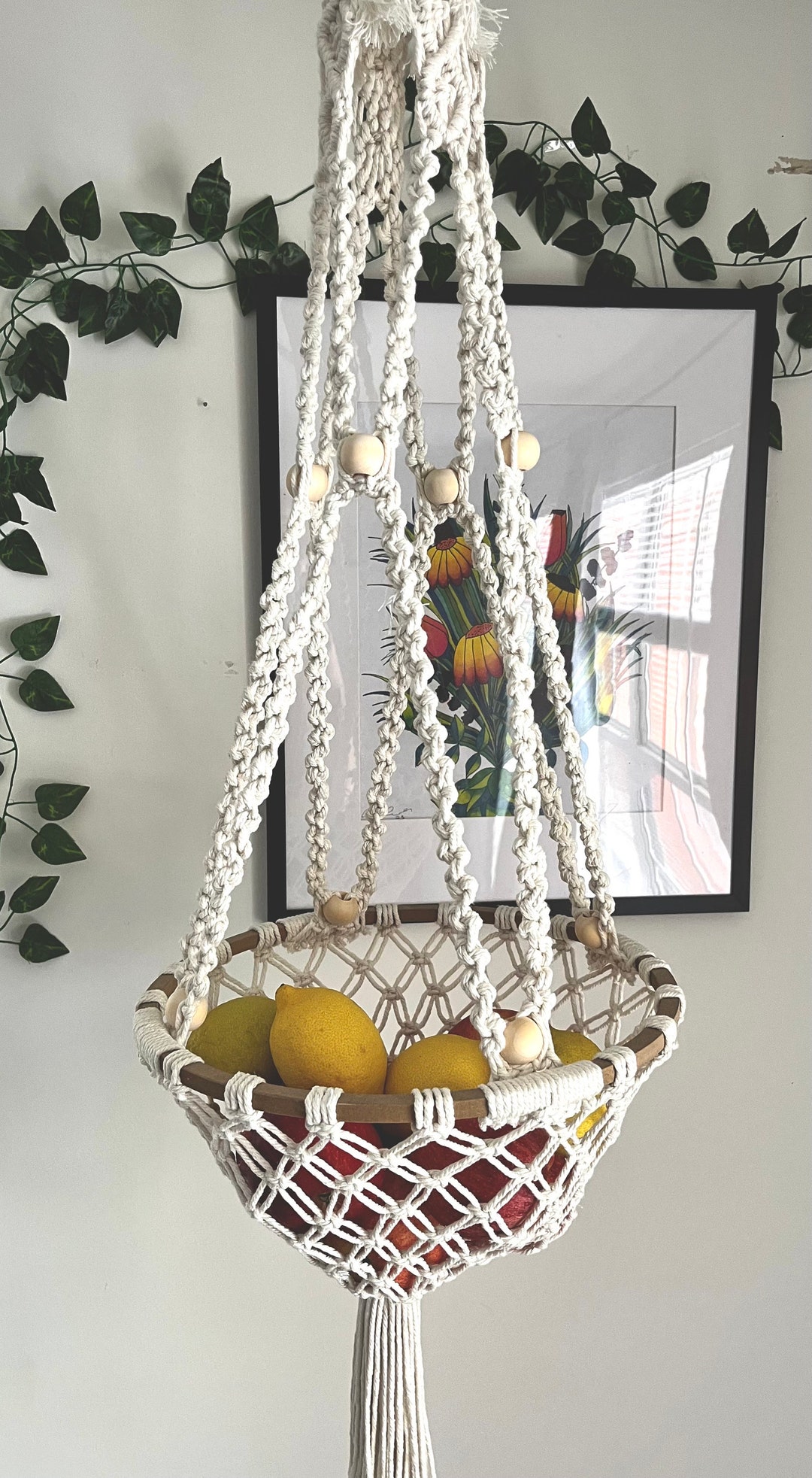Cream Handmade Hanging Macrame Fruit Basket: Elegant Boho Decor - Etsy