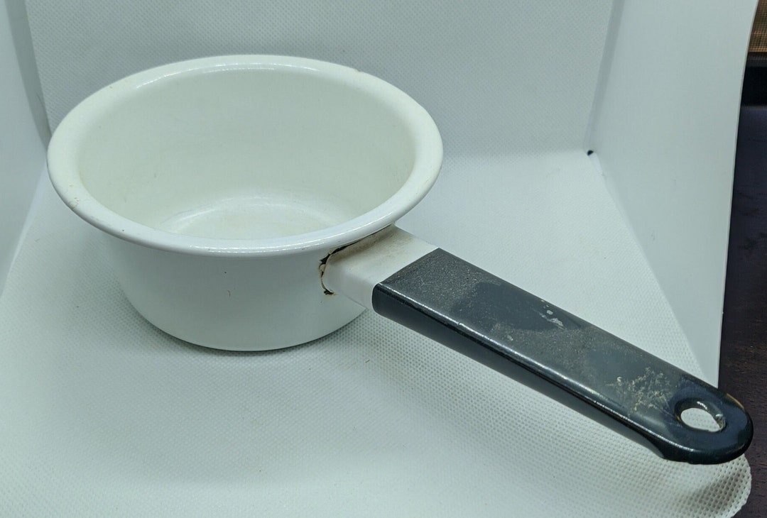 Vintage White Enamel With Black Enamel Handle Small Saucepan - Etsy