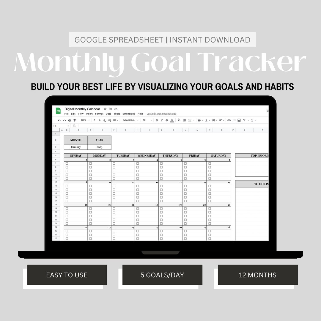 Monthly Calendar Google Sheets Spreadsheet Google Sheets Etsy