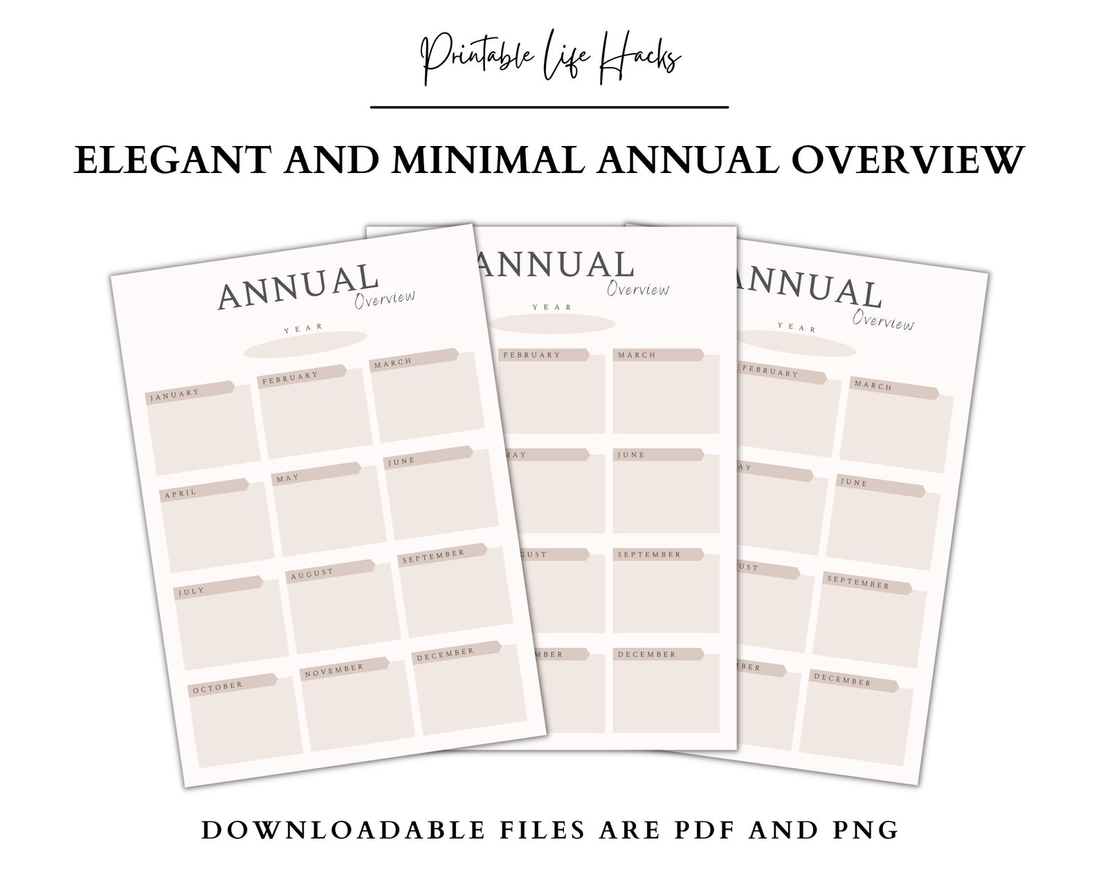 Elegant and Minimal Annual Overview Planner | Printable | Digital ...