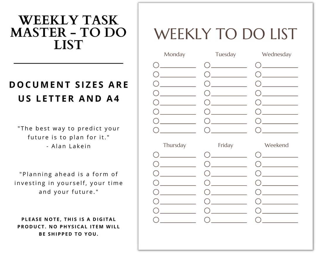 Weekly Task Master - to Do List | Printable | Digital Download - Etsy