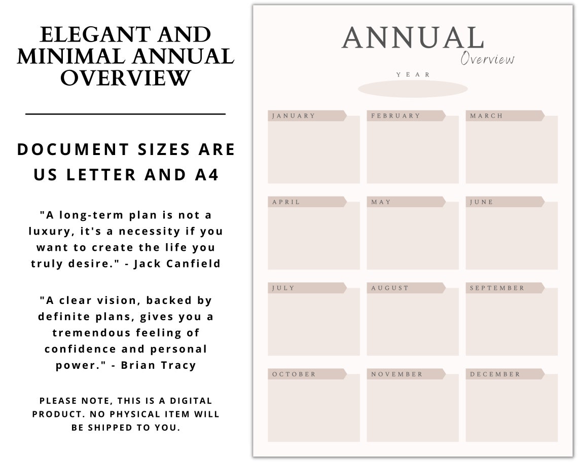 Elegant and Minimal Annual Overview Planner Printable - Etsy