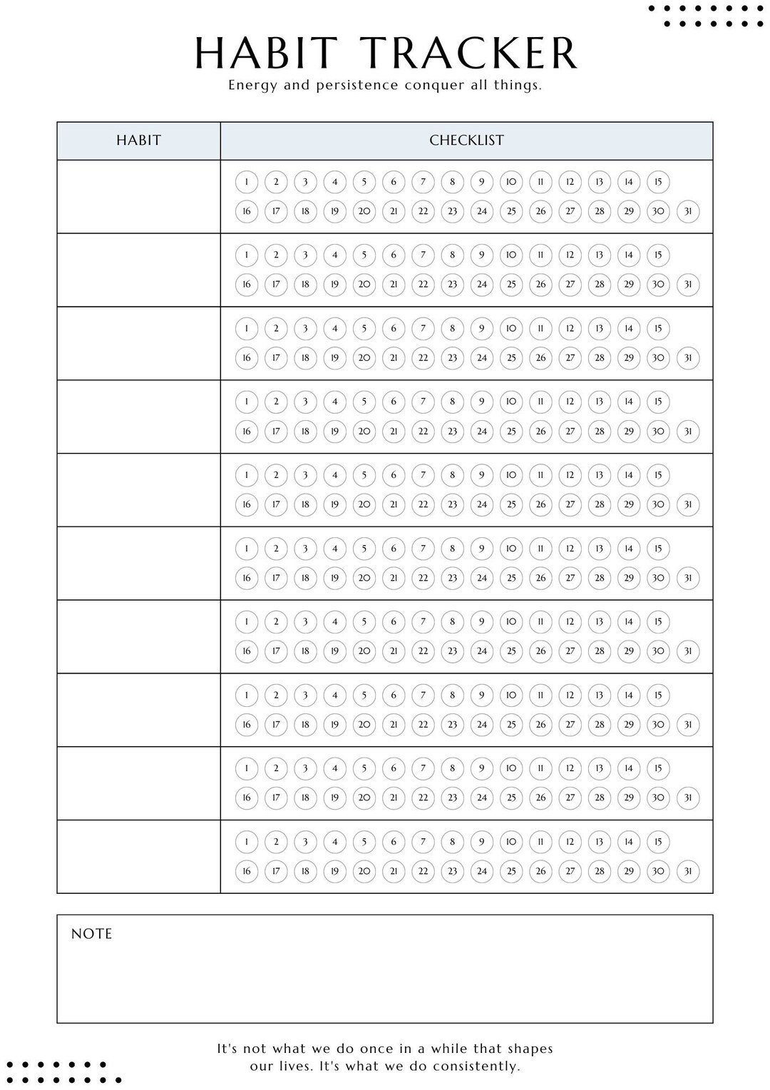 Minimalist White Habit Tracker Circle Checklist Planner | Printable ...